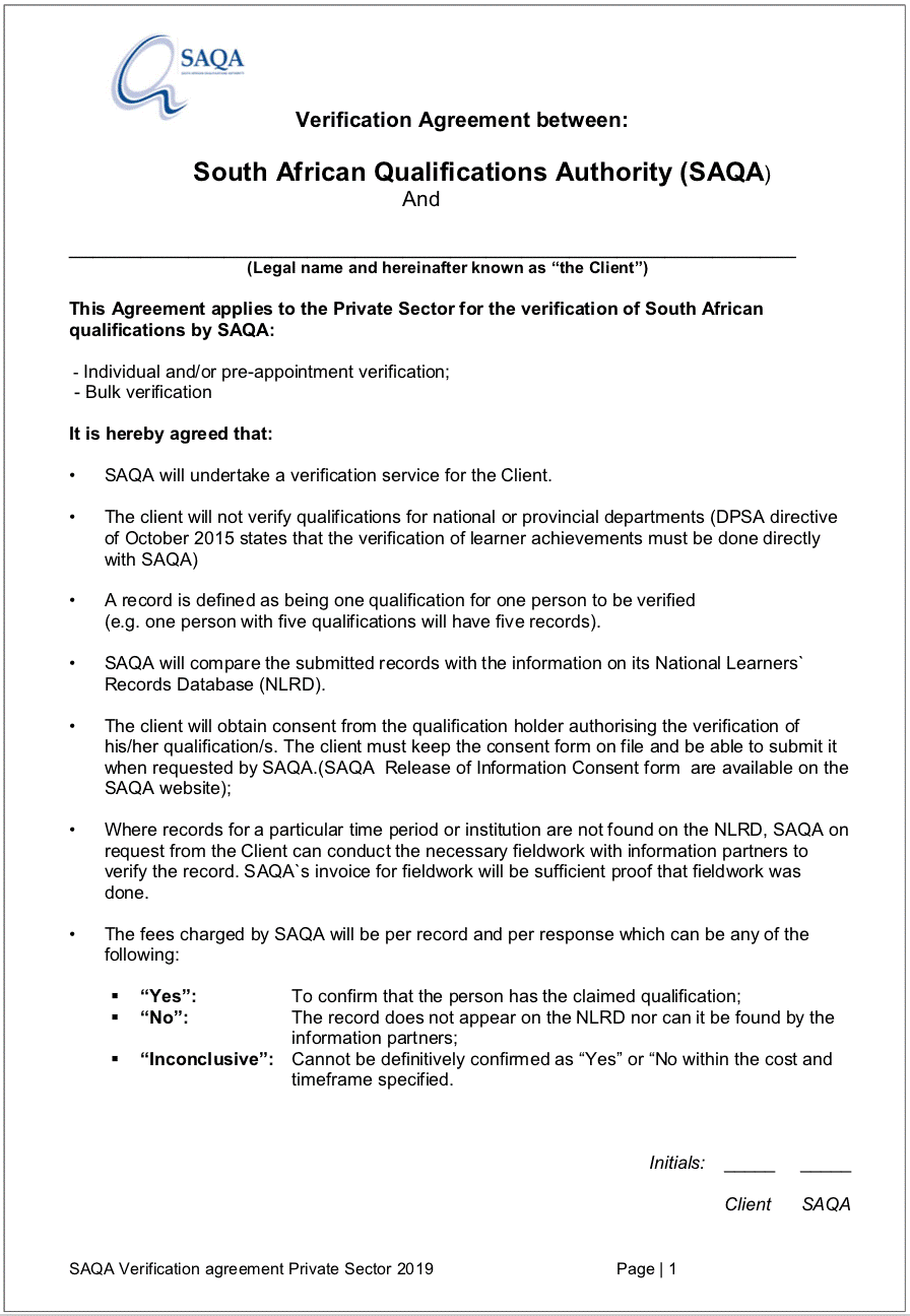 Verification Agreement for Verification Agreement for